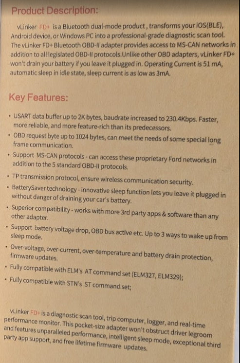 Vgate vLinker FD+ BLE+Bluetooth 4.0 OBDII Dongle – Tsunami Automotive Inc.